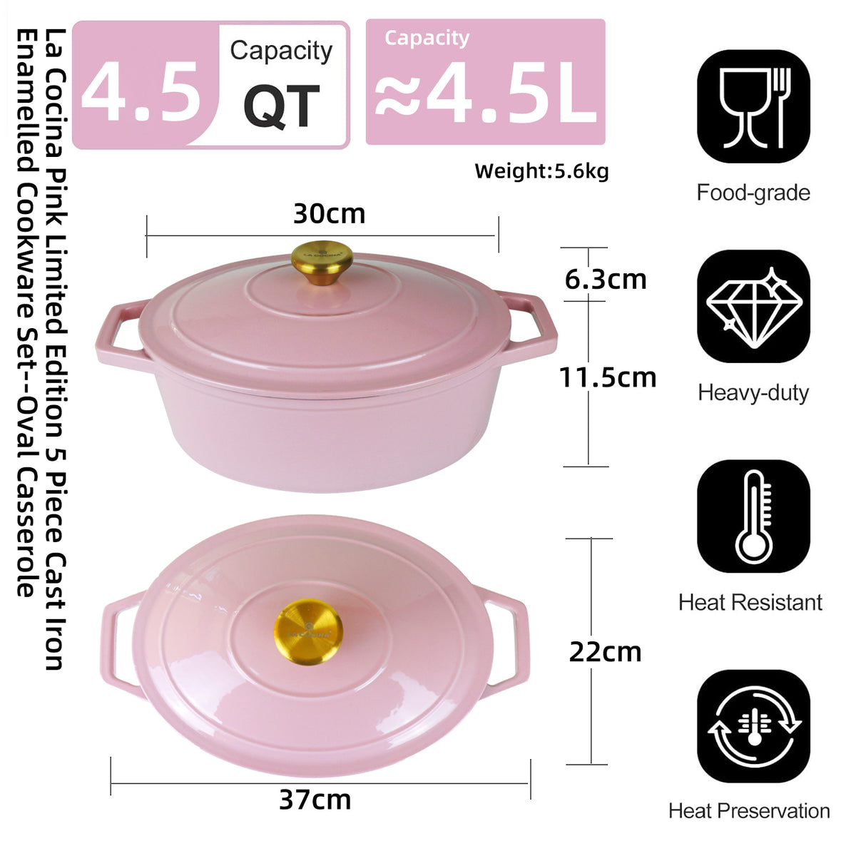 La Cocina 5 Piece Pink Limited Edition Cast Iron Enamel Cookware Set ...