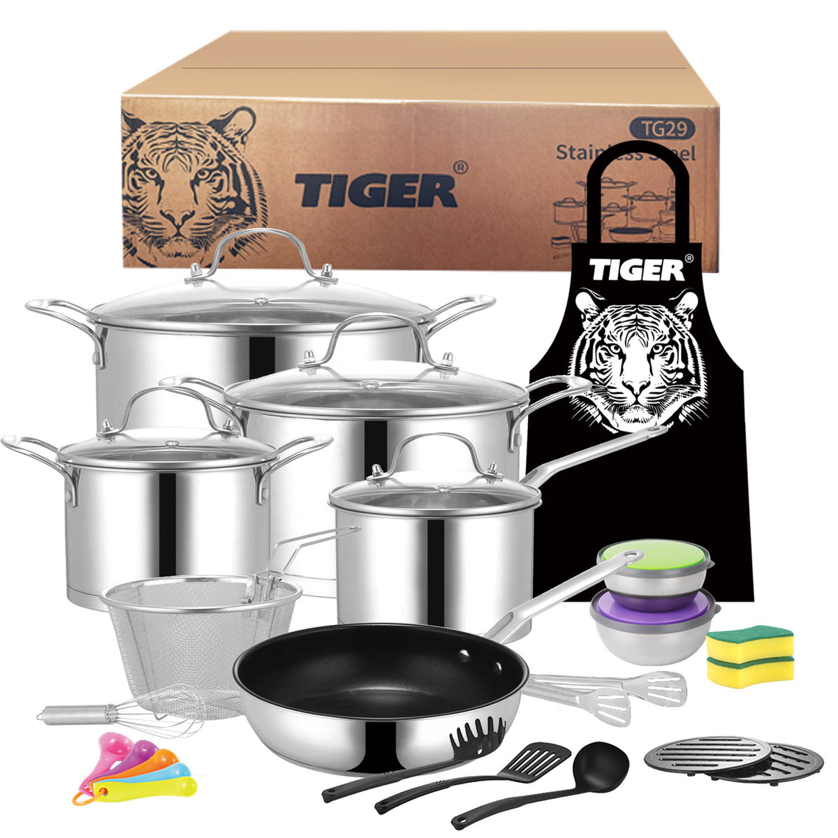 Tiger Stainless Steel 29 Piece Cookware Set - Tempered Glass Lid Editi ...