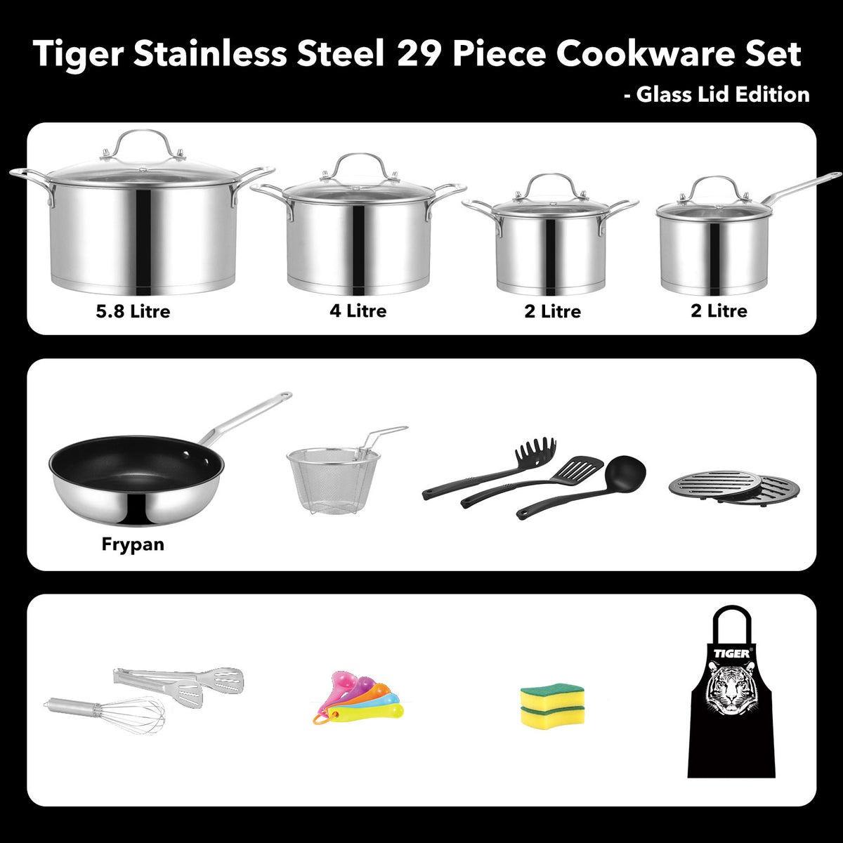 New Arrival!!! Tiger Stainless Steel 29 Piece Cookware Set - Tempered ...