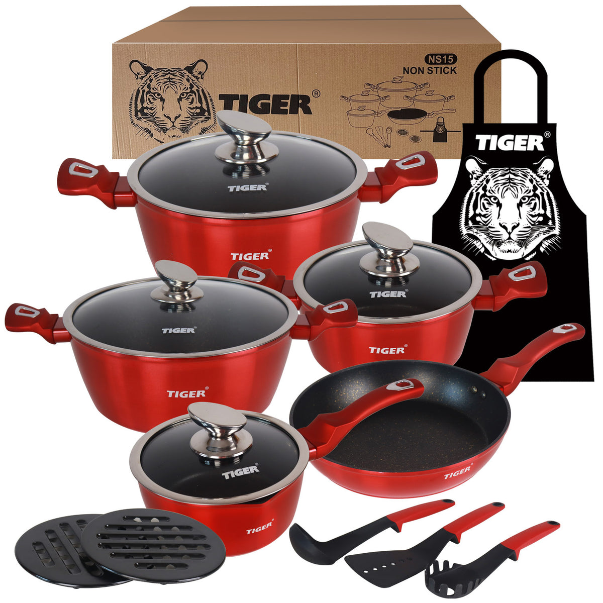 New Arrival!!! Tiger Non-Stick 15 Piece Marble Coating Cookware Set Bu ...