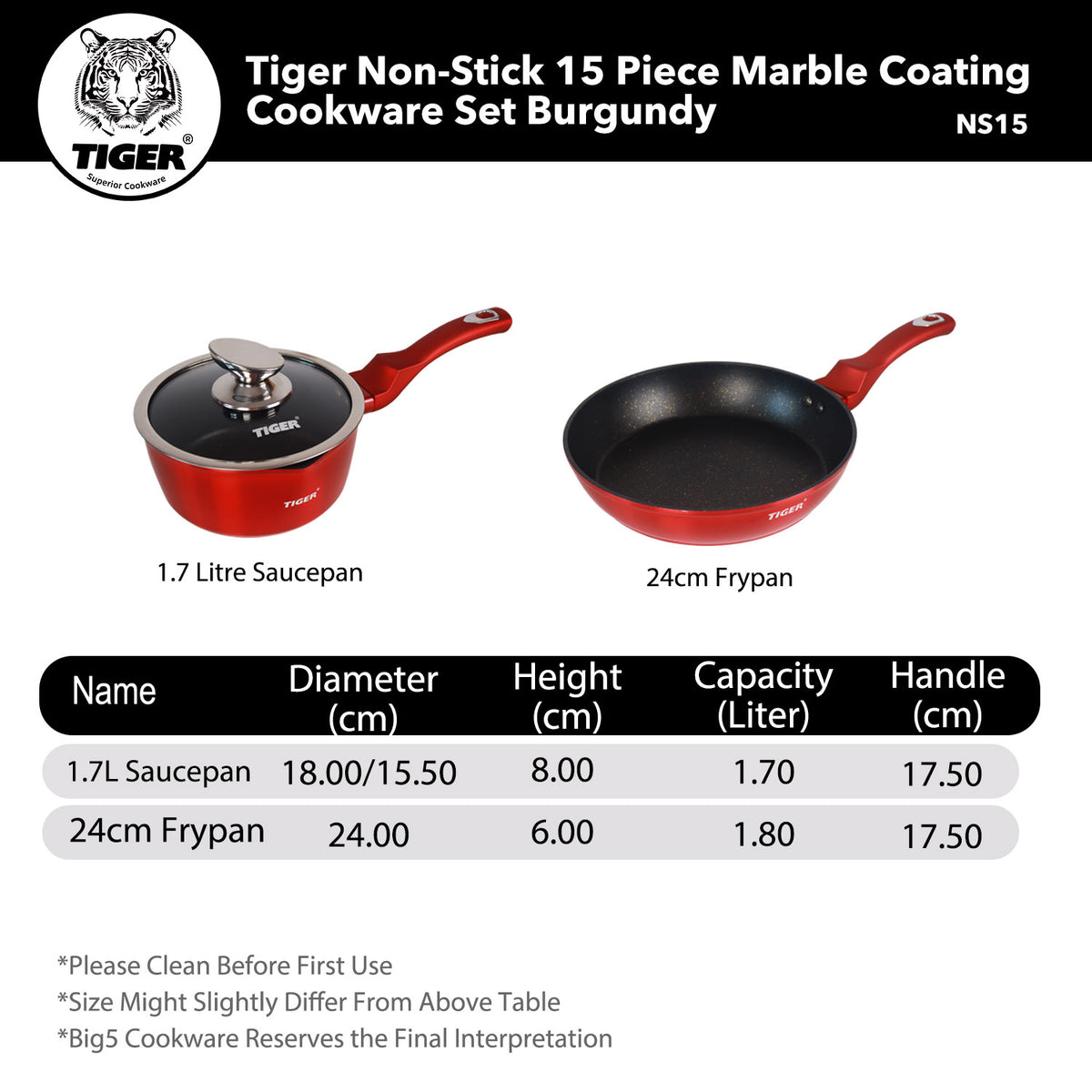 Tiger Non-Stick 15 Piece Marble Coating Cookware Set Burgundy – Big5 ...