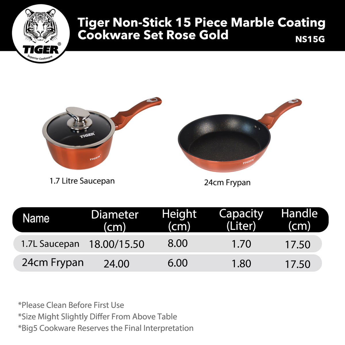 Tiger Non-Stick 15 Piece Marble Coating Cookware Set Rose Gold – Big5 ...