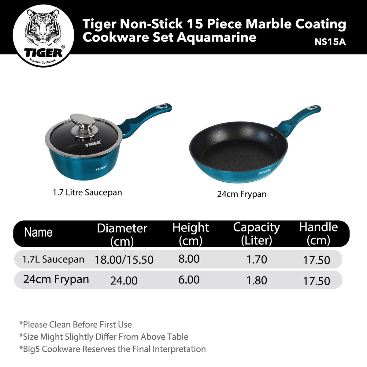Tiger Non-Stick 15 Piece Marble Coating Cookware Set Aquamarine – Big5 ...