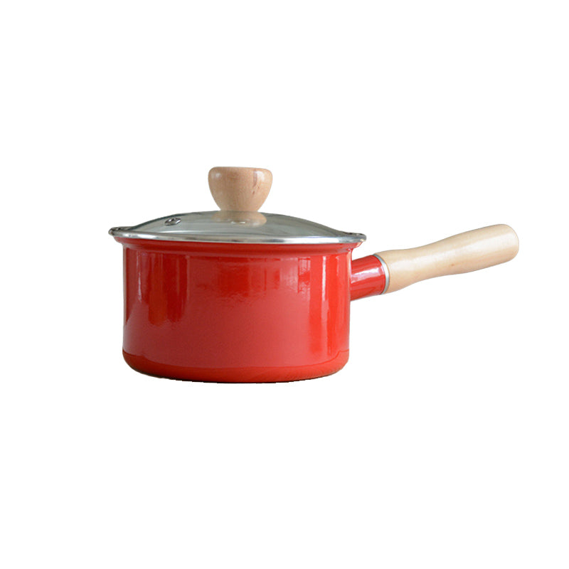Premier Quality Enamel Saucepan Milk Pan with Glass Lid & Wooden Handl ...