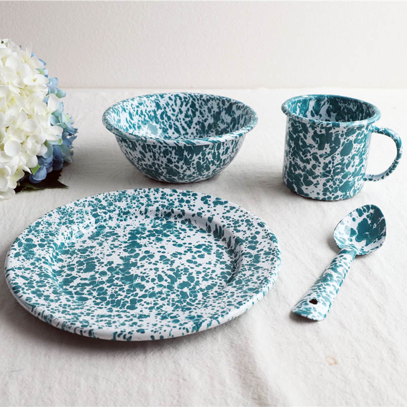 Big5 Marble Splatter Green Enamel Dinner Set Mug Plate Spoon Bowl Camp ...