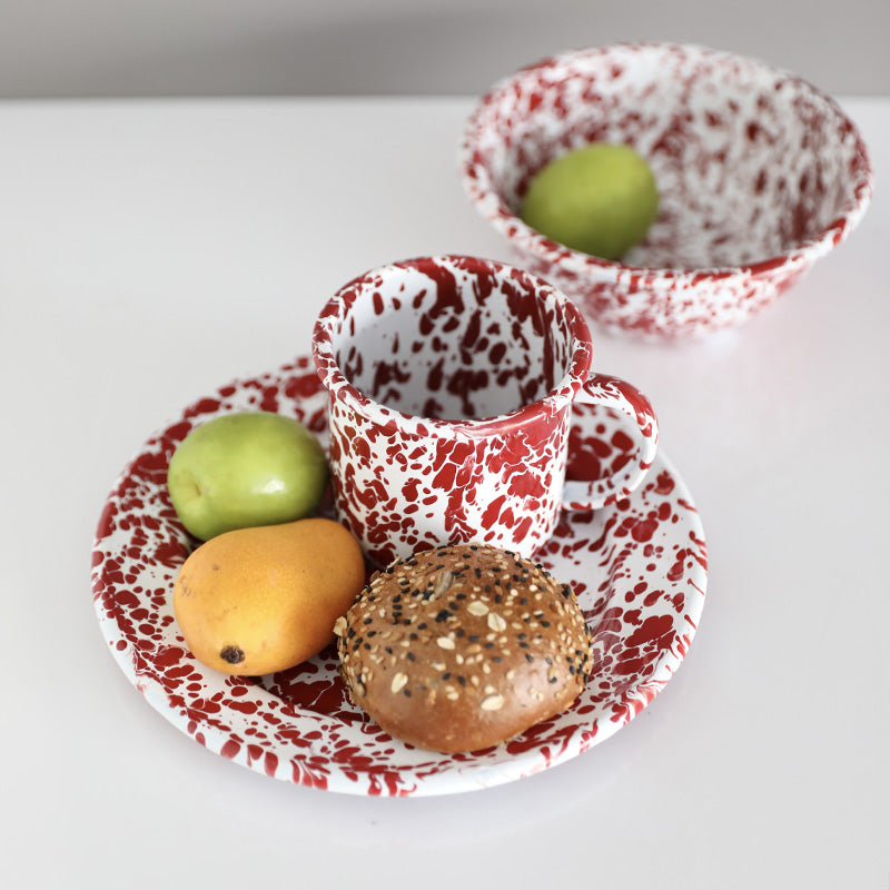 Big5 Marble Splatter Red Enamel Dinner Set Mug Plate Spoon Bowl Campin ...