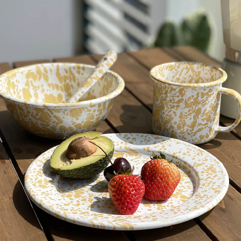 Big5 Marble Splatter Yellow Enamel Dinner Set Mug Plate Spoon Bowl Cam ...