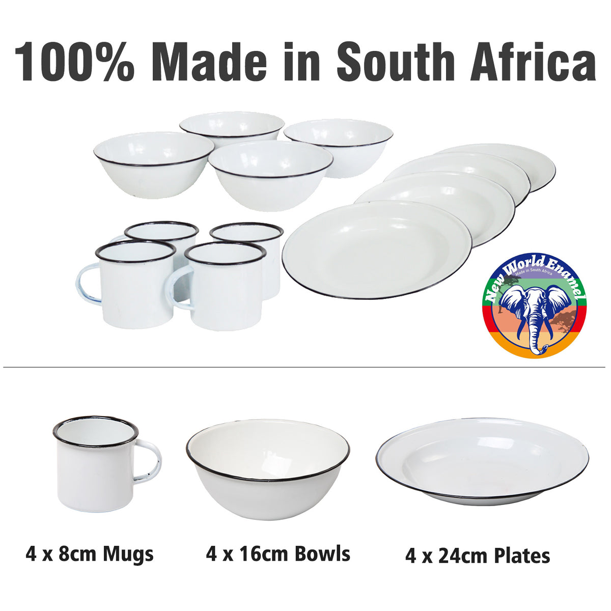 White New World Enamelware 12pc dinning set mug plate bowl camping ...